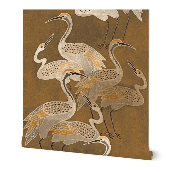 Spoonflower Deco Cranes Bronze Age Large Scale 100% Natural Sisal Grasscloth Wallcovering - Brown,beige