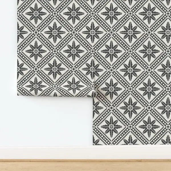 Spoonflower Vintage Grey Modern Geometric Tile Natural Geo Custom Pre-pasted Wallpaper - Gray