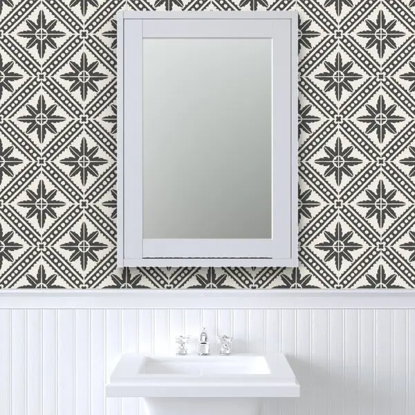 Spoonflower Vintage Grey Modern Geometric Tile Natural Geo Custom Pre-pasted Wallpaper - Gray