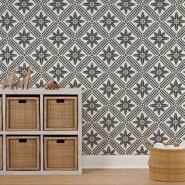 Spoonflower Vintage Grey Modern Geometric Tile Natural Geo Custom Pre-pasted Wallpaper - Gray