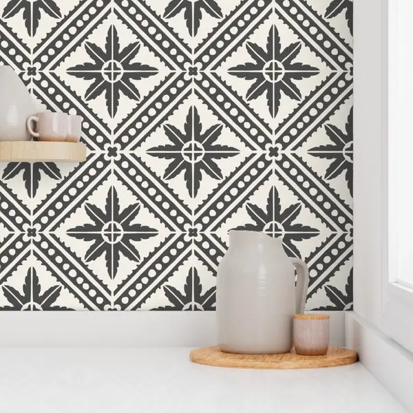 Spoonflower Vintage Grey Modern Geometric Tile Natural Geo Custom Pre-pasted Wallpaper - Gray