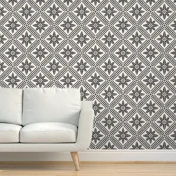 Spoonflower Vintage Grey Modern Geometric Tile Natural Geo Custom Pre-pasted Wallpaper - Gray