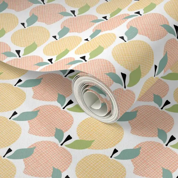 Spoonflower Peaches Fruit Peachy Orchard Summertime Custom Pre-pasted Wallpaper - Beige,gray,green