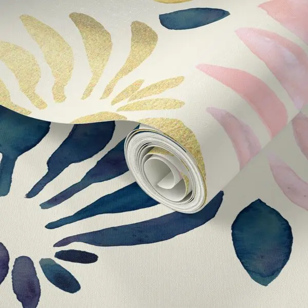 Spoonflower Gold Watercolor Lotus Pattern Mustard Navy Blush Custom Pre-pasted Wallpaper - Gold,blue,beige