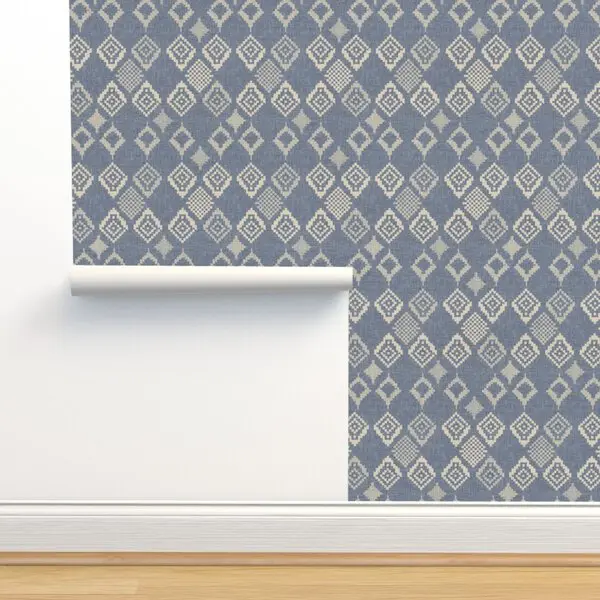 Spoonflower Boho Fair Indigo Winter Holiday 100% Natural Sisal Grasscloth Wallcovering