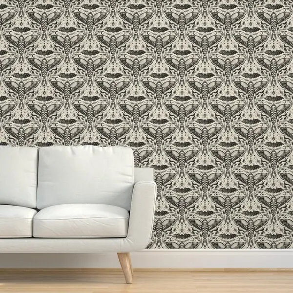 Spoonflower Watercolor Skull Moth Damask 100% Natural Sisal Grasscloth Wallcovering