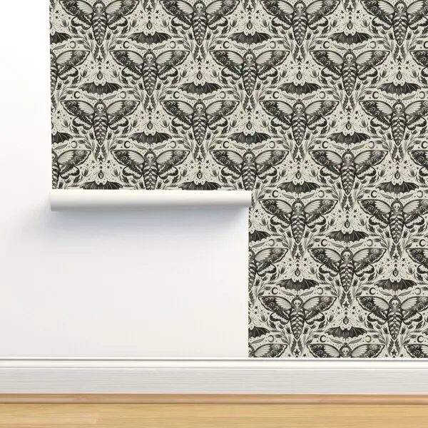Spoonflower Watercolor Skull Moth Damask 100% Natural Sisal Grasscloth Wallcovering