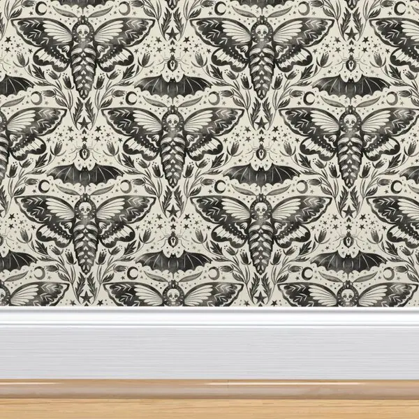 Spoonflower Watercolor Skull Moth Damask 100% Natural Sisal Grasscloth Wallcovering