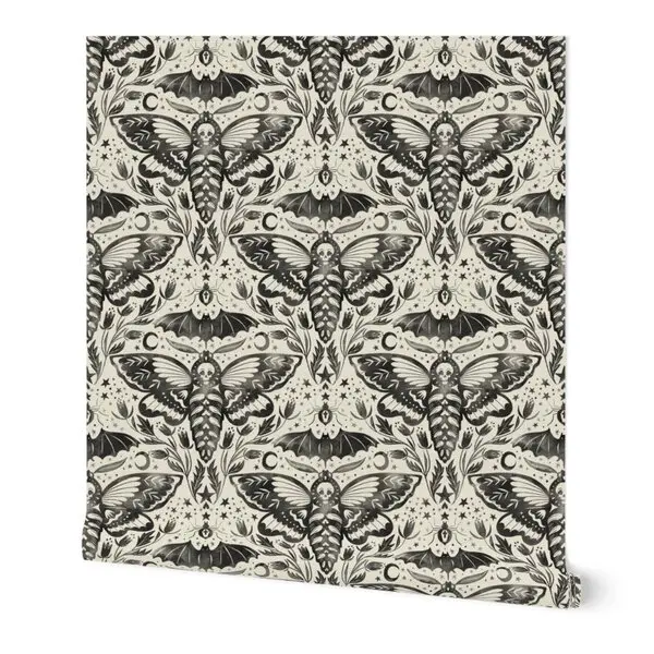 Spoonflower Watercolor Skull Moth Damask 100% Natural Sisal Grasscloth Wallcovering