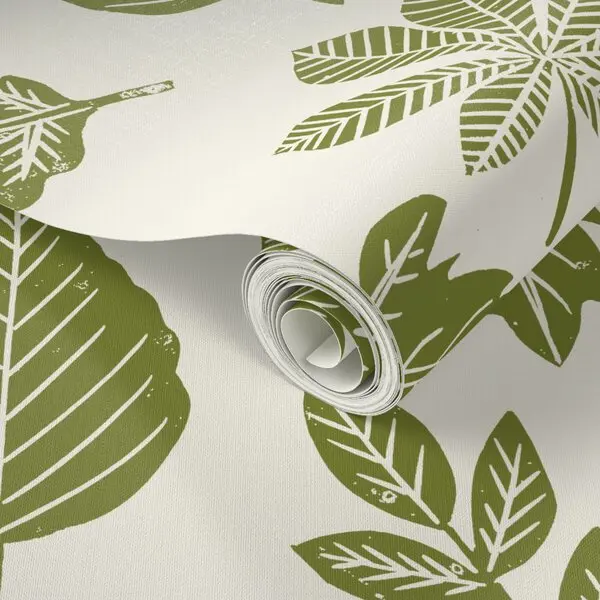 Spoonflower Leaf Leaves Nature Hiking Camping Woodland Custom Pre-pasted Wallpaper - Green