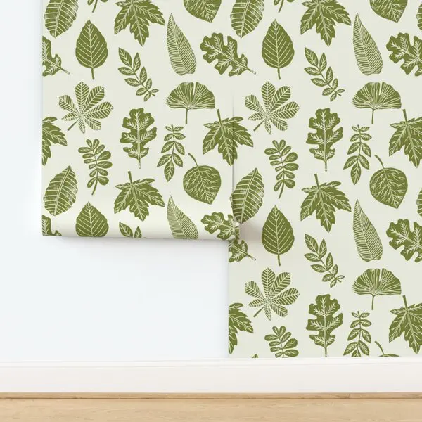 Spoonflower Leaf Leaves Nature Hiking Camping Woodland Custom Pre-pasted Wallpaper - Green