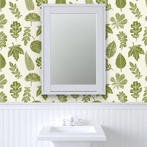 Spoonflower Leaf Leaves Nature Hiking Camping Woodland Custom Pre-pasted Wallpaper - Green