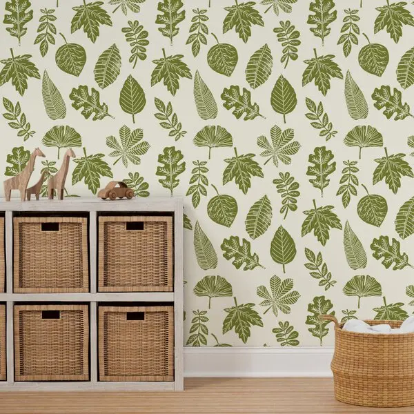 Spoonflower Leaf Leaves Nature Hiking Camping Woodland Custom Pre-pasted Wallpaper - Green