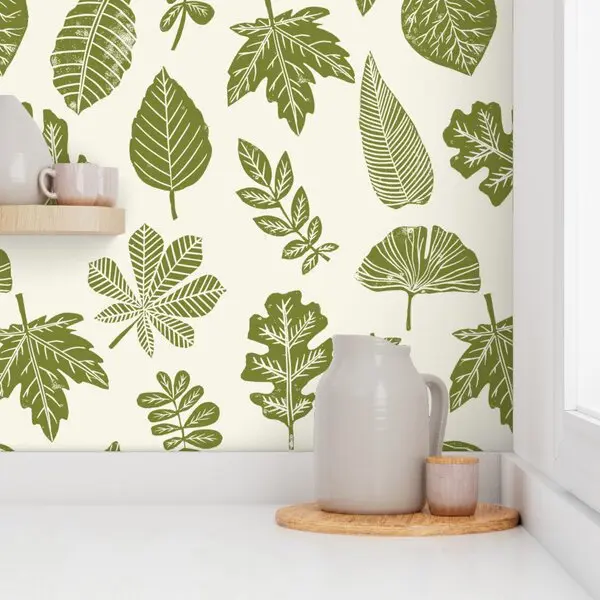 Spoonflower Leaf Leaves Nature Hiking Camping Woodland Custom Pre-pasted Wallpaper - Green