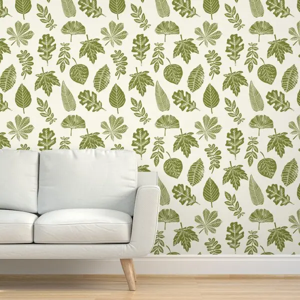 Spoonflower Leaf Leaves Nature Hiking Camping Woodland Custom Pre-pasted Wallpaper - Green