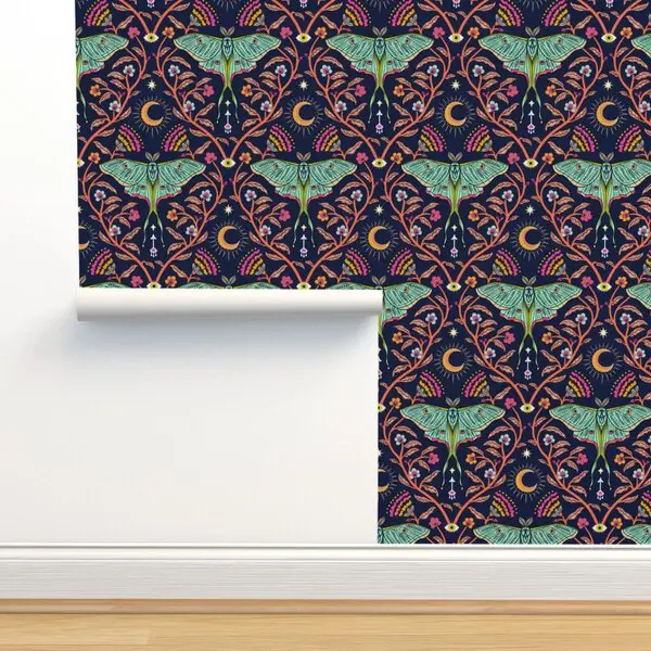 Spoonflower Spring Night Luna Moth Damask With Moon And 100% Natural Sisal Grasscloth Wallcovering