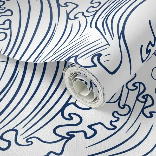 Spoonflower Vintage Asian Japanese Water Summer Waves Blue Custom Pre-pasted Wallpaper - Blue,white,gray