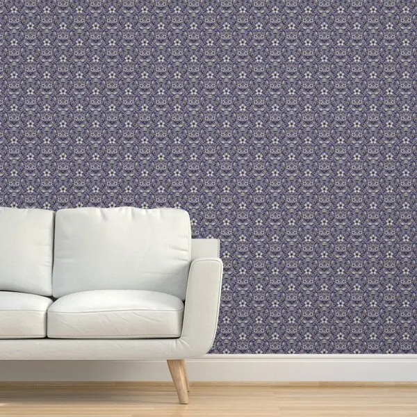 Spoonflower Damask Flowers On Small Scale 100% Natural Sisal Grasscloth Wallcovering - Purple