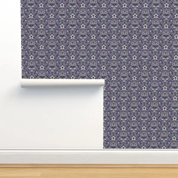 Spoonflower Damask Flowers On Small Scale 100% Natural Sisal Grasscloth Wallcovering - Purple