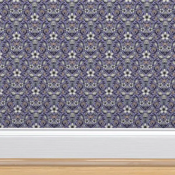 Spoonflower Damask Flowers On Small Scale 100% Natural Sisal Grasscloth Wallcovering - Purple