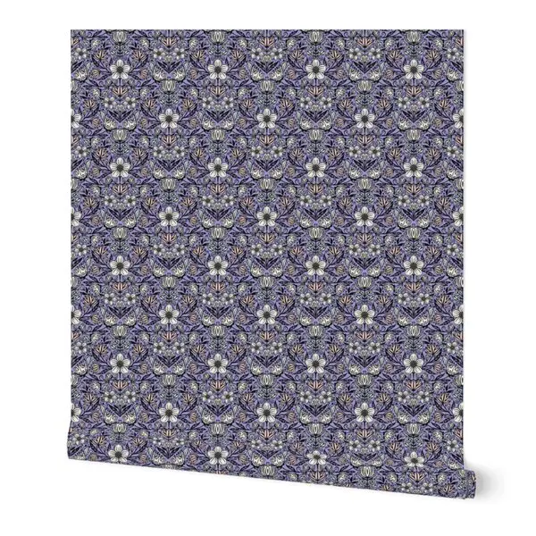 Spoonflower Damask Flowers On Small Scale 100% Natural Sisal Grasscloth Wallcovering - Purple