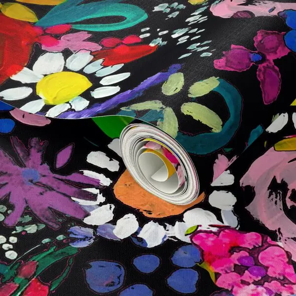 Spoonflower Black Bright Floral Painting Colorful Florals Neon Custom Pre-pasted Wallpaper - Black,pink,orange