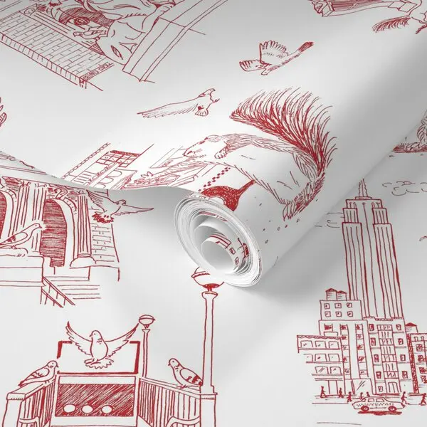 Spoonflower Squirrel Red Animals New York Toile City Urban Custom Pre-pasted Wallpaper - Gray,red