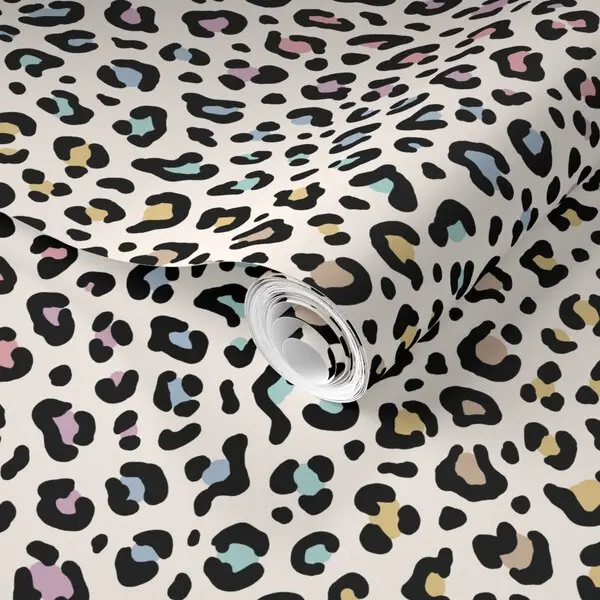 Spoonflower Black And White Punk Spots Animal Leopard Cheetah Custom Pre-pasted Wallpaper - Gray,brown