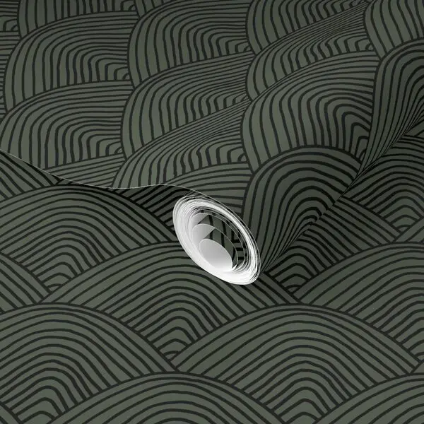 Spoonflower Green Black Minimalist Sea Ocean Waves Custom Pre-pasted Wallpaper - Green,black