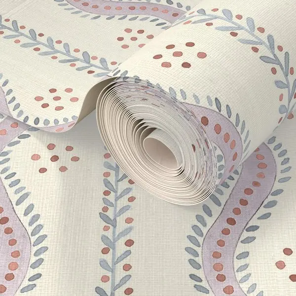 Spoonflower Andrew Stripe Lilac Terracotta And Blue On Cream 100% Natural Sisal Grasscloth Wallcovering - Blue,orange