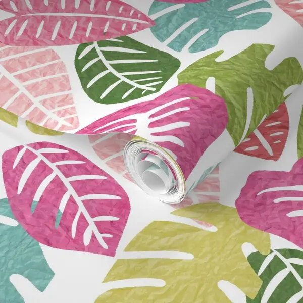 Spoonflower Leaves Nature Summer Papercut Paper Cut Tissue Custom Pre-pasted Wallpaper - Pink,green