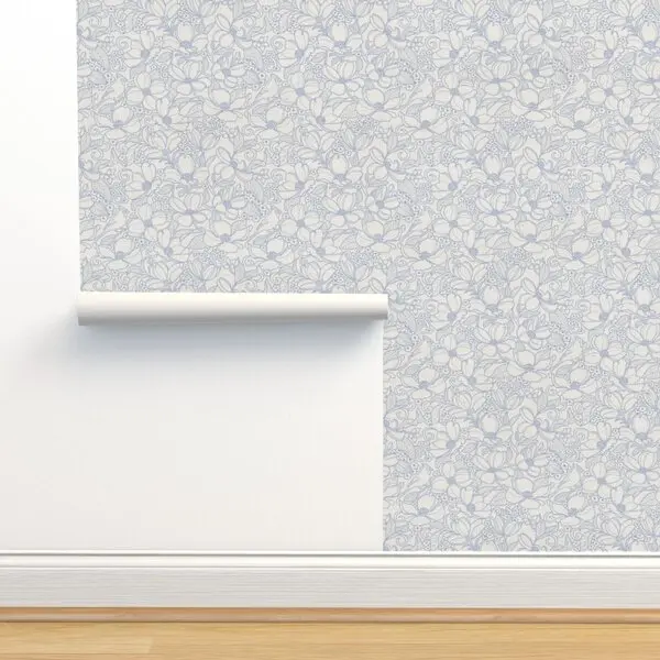 Spoonflower White Dogwood With Periwinkle 100% Natural Sisal Grasscloth Wallcovering - White,gray,blue