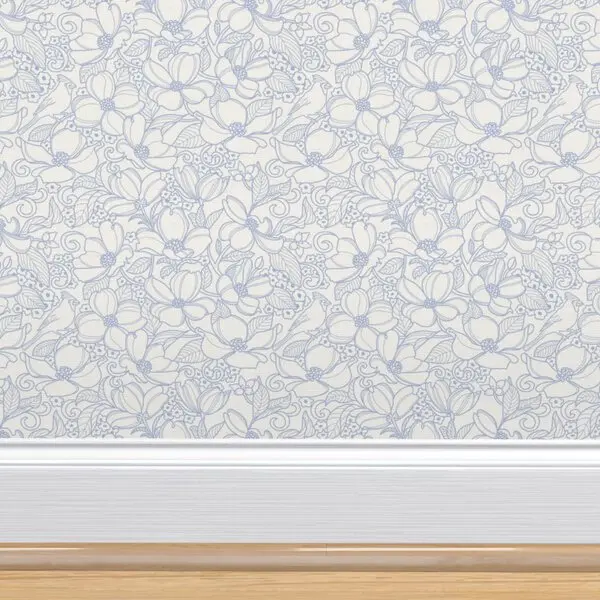 Spoonflower White Dogwood With Periwinkle 100% Natural Sisal Grasscloth Wallcovering - White,gray,blue