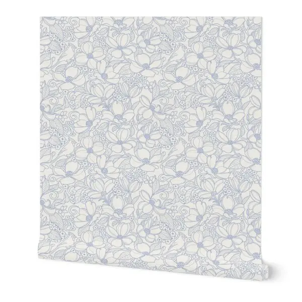 Spoonflower White Dogwood With Periwinkle 100% Natural Sisal Grasscloth Wallcovering - White,gray,blue
