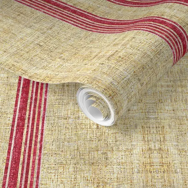 Spoonflower Ticking Stripe Texture Red Beige Custom Pre-pasted Wallpaper - Red,beige,brown