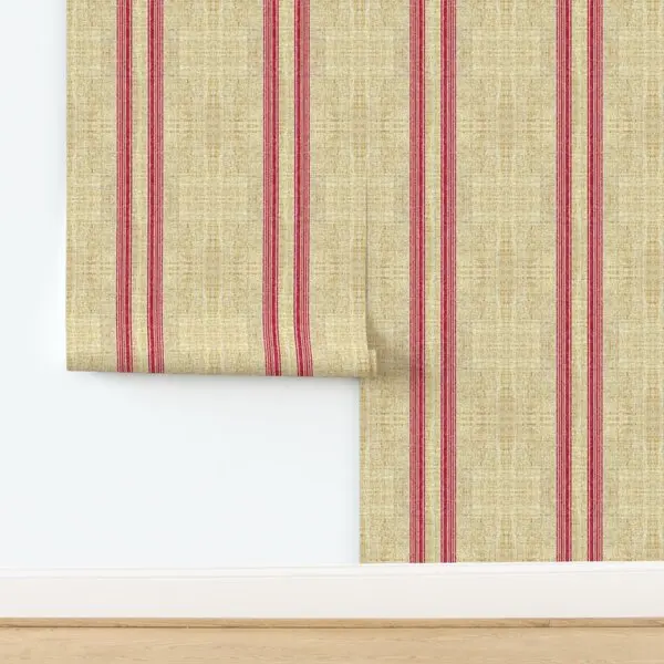 Spoonflower Ticking Stripe Texture Red Beige Custom Removable Wallpaper