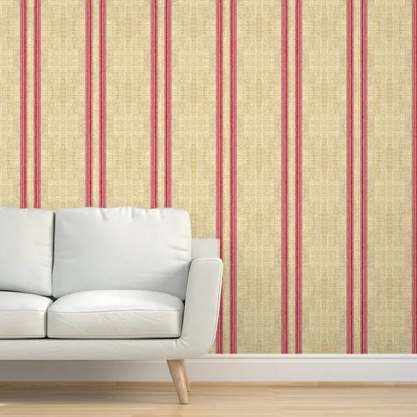 Spoonflower Ticking Stripe Texture Red Beige Custom Removable Wallpaper