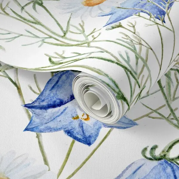 Spoonflower Flowers Floral Large Bluebells Daisies Watercolour Traditional Wallpaper - Green,blue,brown