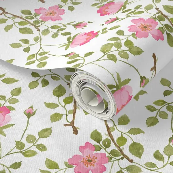 Spoonflower Floral Flowers Vines Blossoms Leaves Spring Blooms Custom Removable Wallpaper - Pink,white,gray