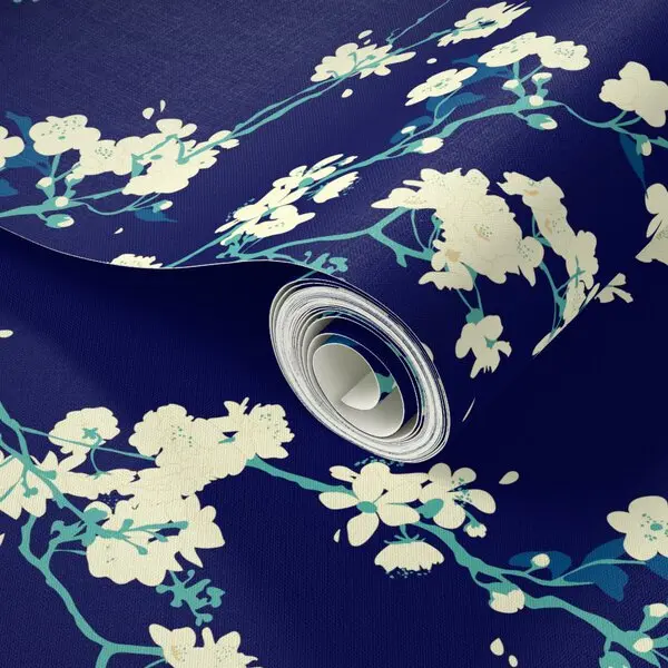Spoonflower Flower Turquoise Japanese Spring Blossom Sakura Custom Pre-pasted Wallpaper - Sage,blue,green