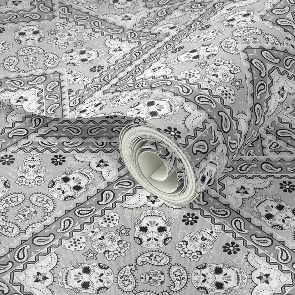 Spoonflower Dead Death Mask Mexican Day Of The Skull Bandana Custom Pre-pasted Wallpaper - Black,white,gray