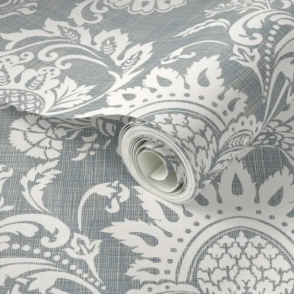 Spoonflower White Flowers Leaves Floral Grey Custom Pre-pasted Wallpaper - Mint,gray,green