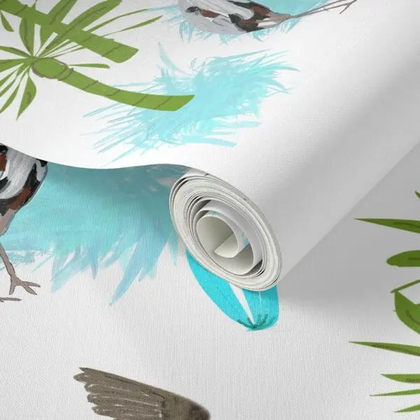 Spoonflower White Background Fishing Digital Painting Tropical Custom Pre-pasted Wallpaper - Mint,teal,sage