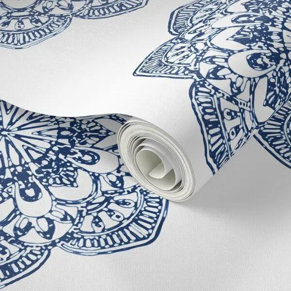 Spoonflower Block Medallion Indian Blue India Custom Pre-pasted Wallpaper - Blue,gray