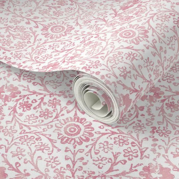 Spoonflower Rose Pink Boho Floral Custom Removable Wallpaper - White,pink,red