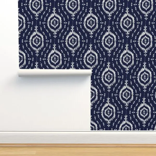 Spoonflower Vintage Batik Blue And White 100% Natural Sisal Grasscloth Wallcovering