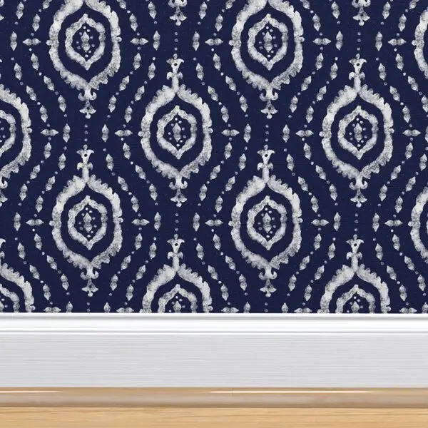 Spoonflower Vintage Batik Blue And White 100% Natural Sisal Grasscloth Wallcovering