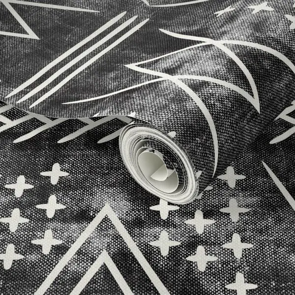Spoonflower Vintage Moroccan Black Boho Mudcloth Trendy Custom Pre-pasted Wallpaper - Black,white,gray