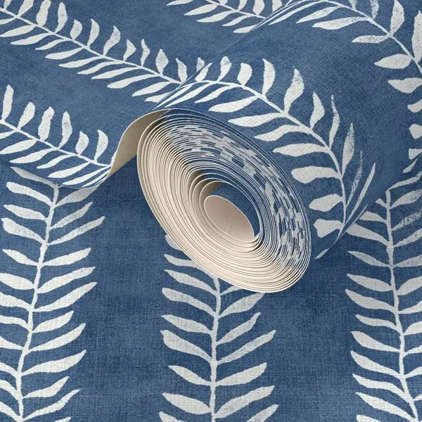 Spoonflower Botanical Block In Indigo Blue White 100% Natural Sisal Grasscloth Wallcovering - Indigo,blue
