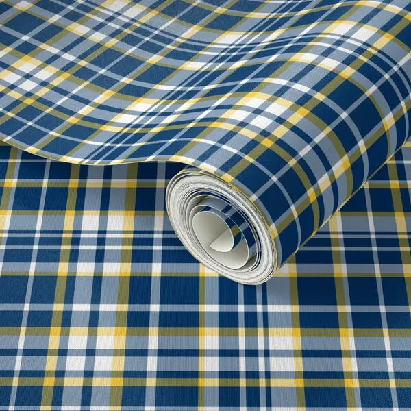 Spoonflower White Yellow Plaid Coordinate Dark Blue Michigan Custom Pre-pasted Wallpaper - Blue,beige,green